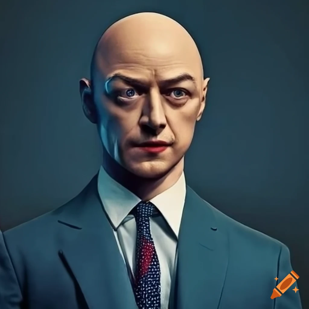James mcavoy as professor x, bald, 1960 suit, blue backdrop on Craiyon