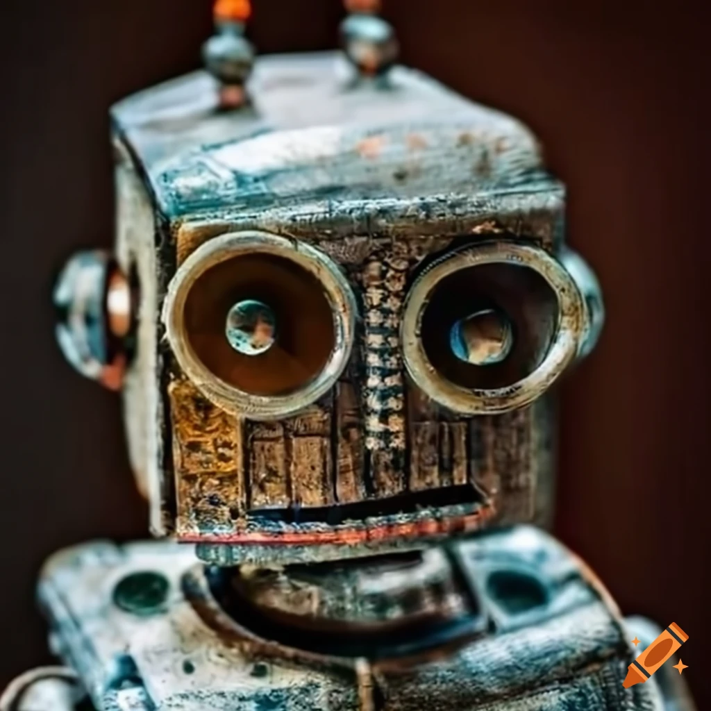 A vintage robot made of recycled materials