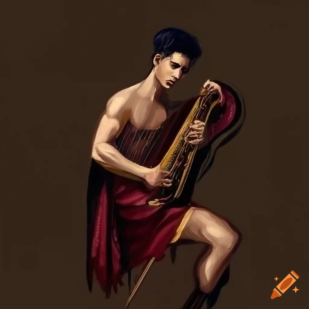 Orpheus, young male greek warrior holding a Greek harp, impressionist ...