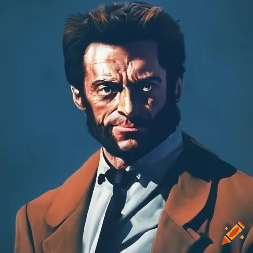 Hugh Jackman as Wolverine, 1960 detective brown coat, blue backdrop on ...