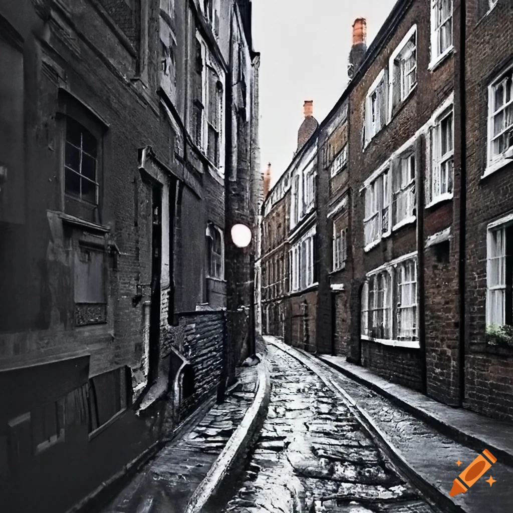 1700s London back alley photo wet mudd streets medieval sun rise on Craiyon