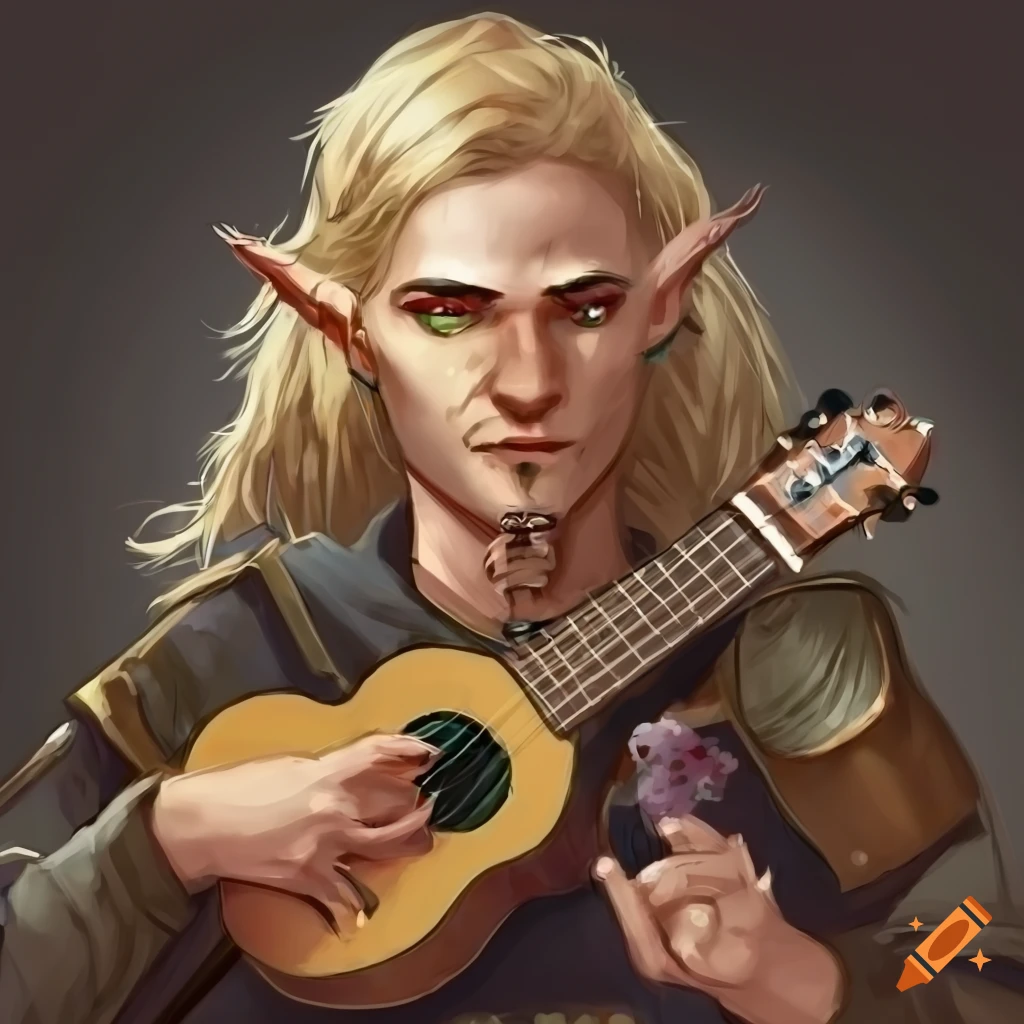 Half Elf Bard, playing ukulele, long blond hair, blond beard, scar over ...
