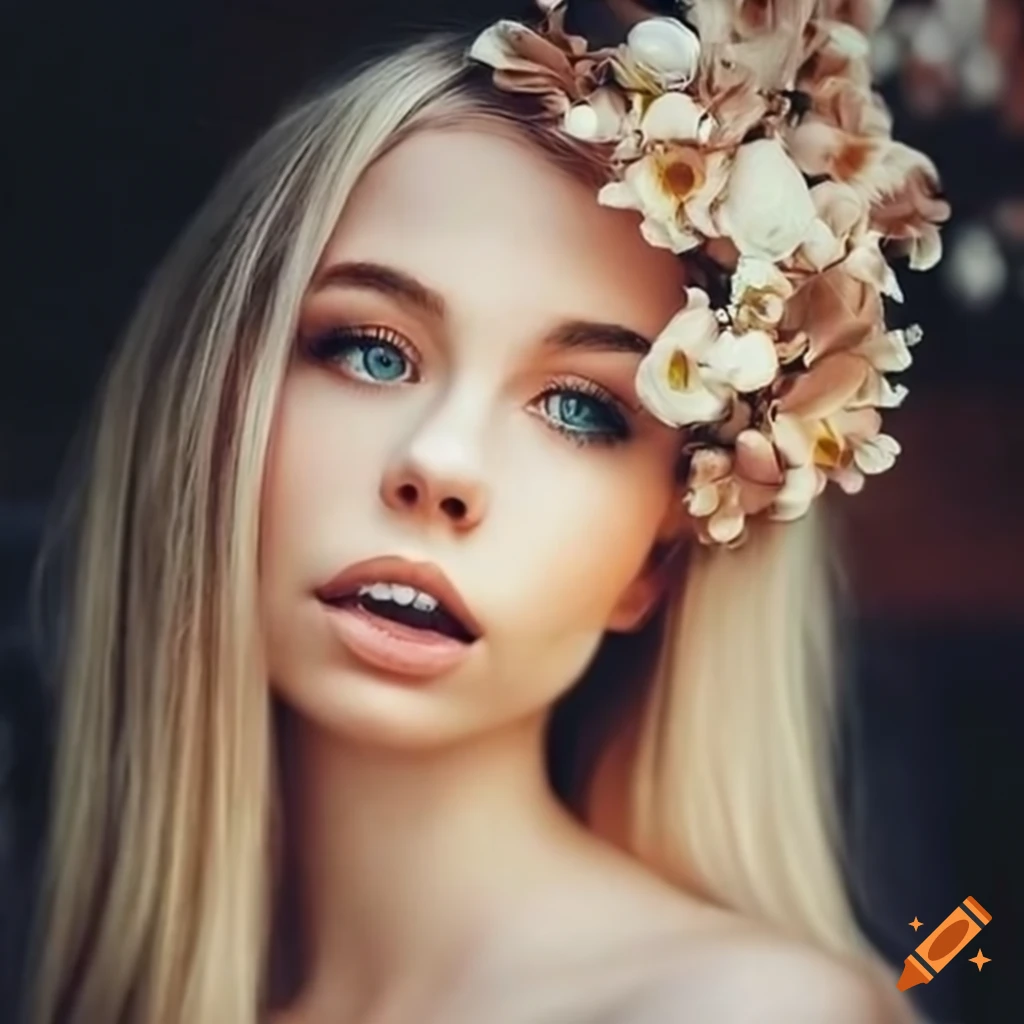 Cute blonde women, flowers in hair on Craiyon