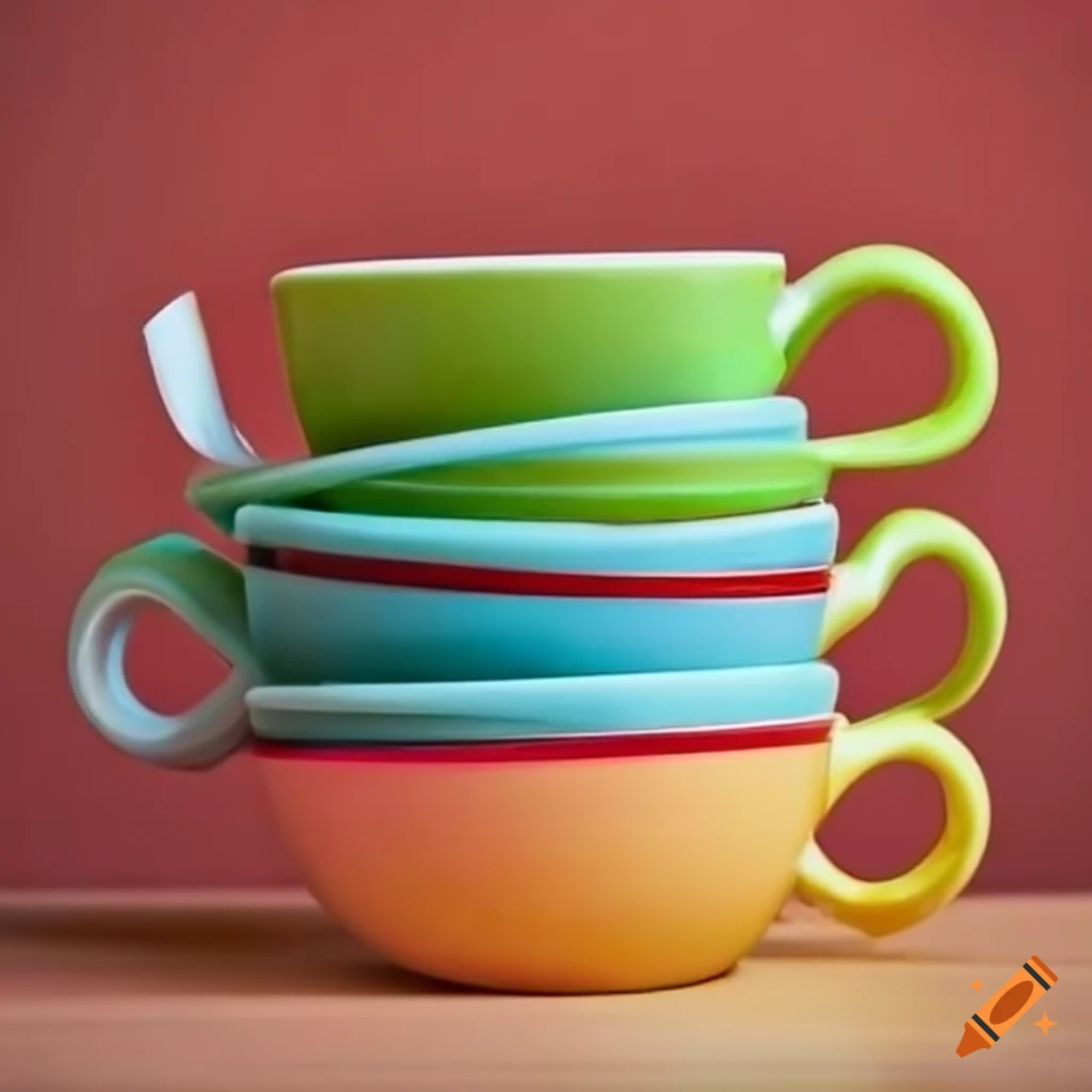 Colorful cups stacked on a kitchen counter