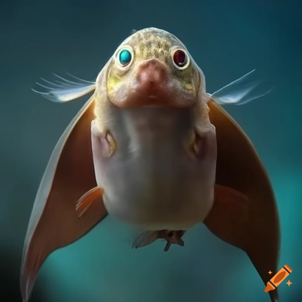 A whimsical aquatic greyish hybrid creature inspired by both mice and carp, with scaly body, fin ...