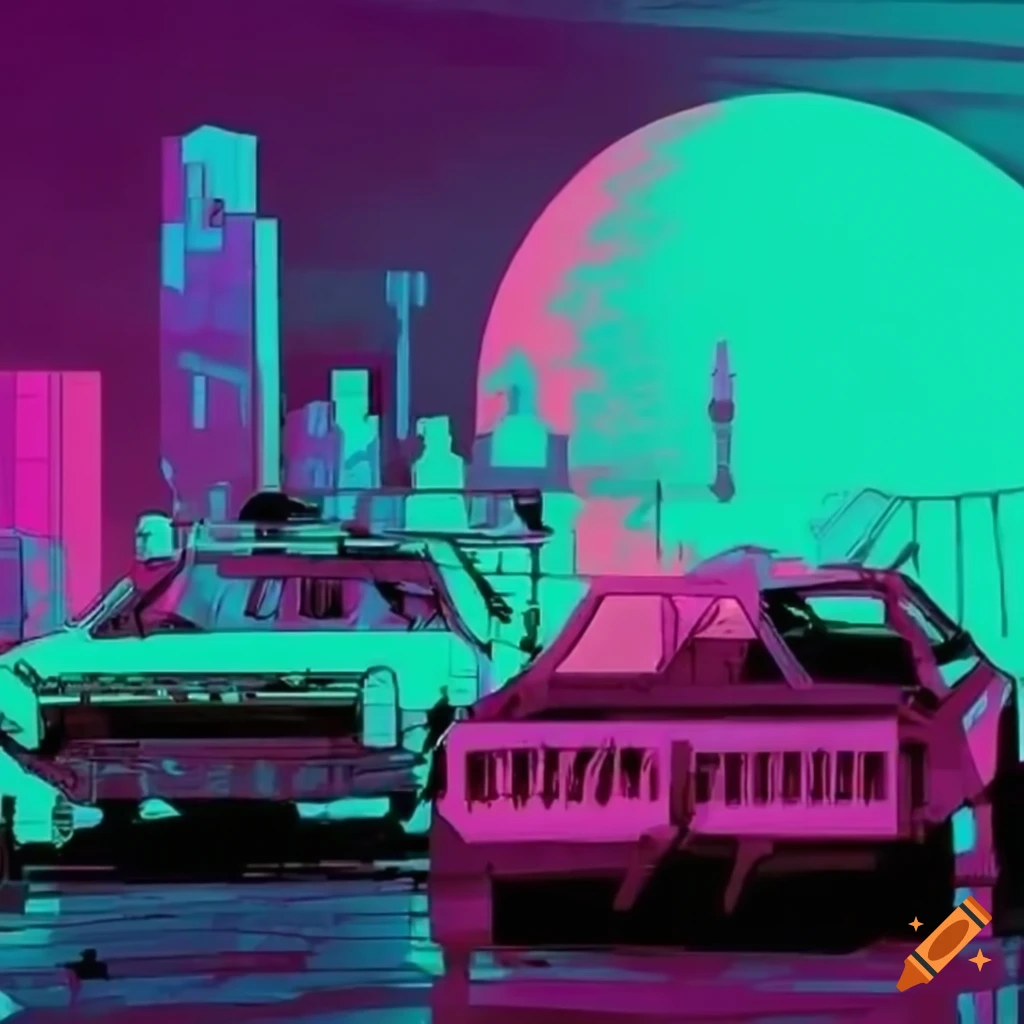 Vaporwave-inspired artwork of a demolition derby race on Craiyon
