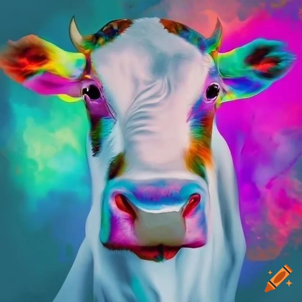 A cosmic cow portrait styled with pop colors and surreal details white ...