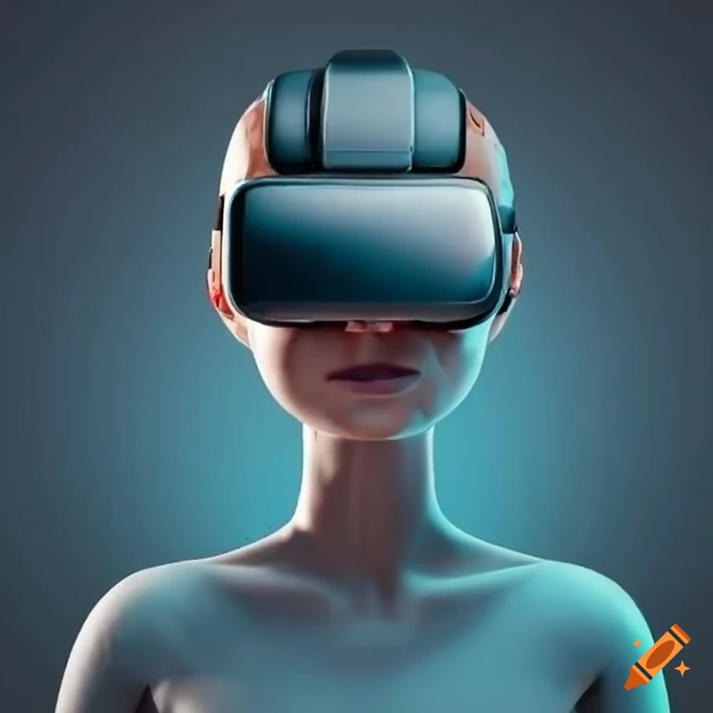 Character in virtual reality gear exploring a futuristic laboratory