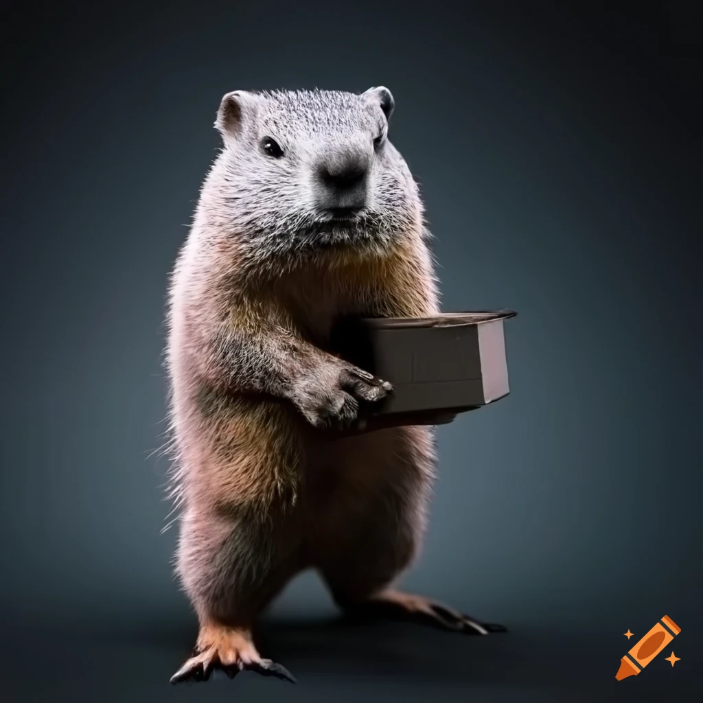 Grey haired humanoid groundhog carrying a box - Craiyon