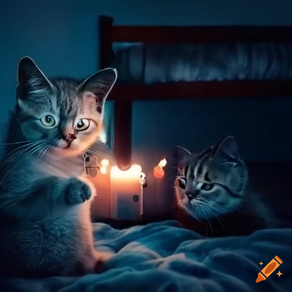 Cozy bunk bed party cats kittens dark night bedroom closeup