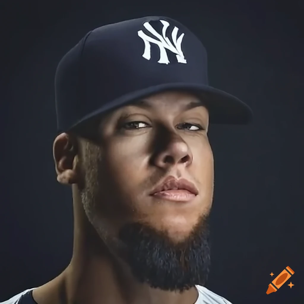 Aaron judge with a beard in a graffiti covered yankee jersey