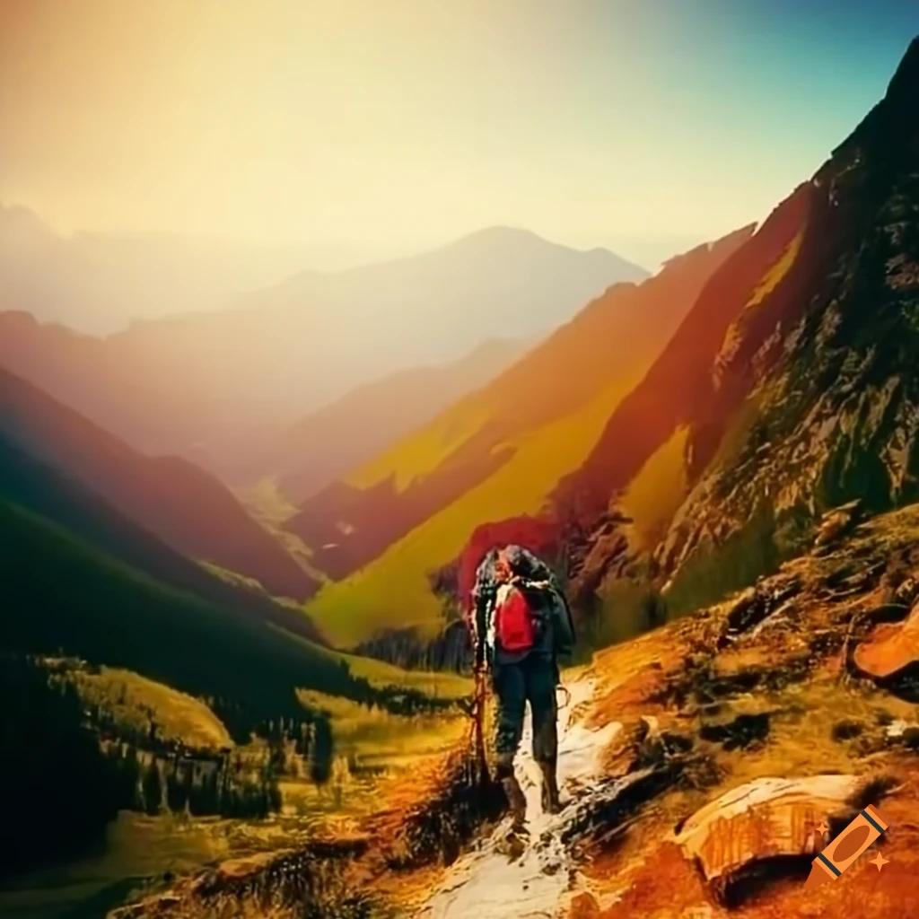 Hiking in the mountains, beautiful postcard view on Craiyon