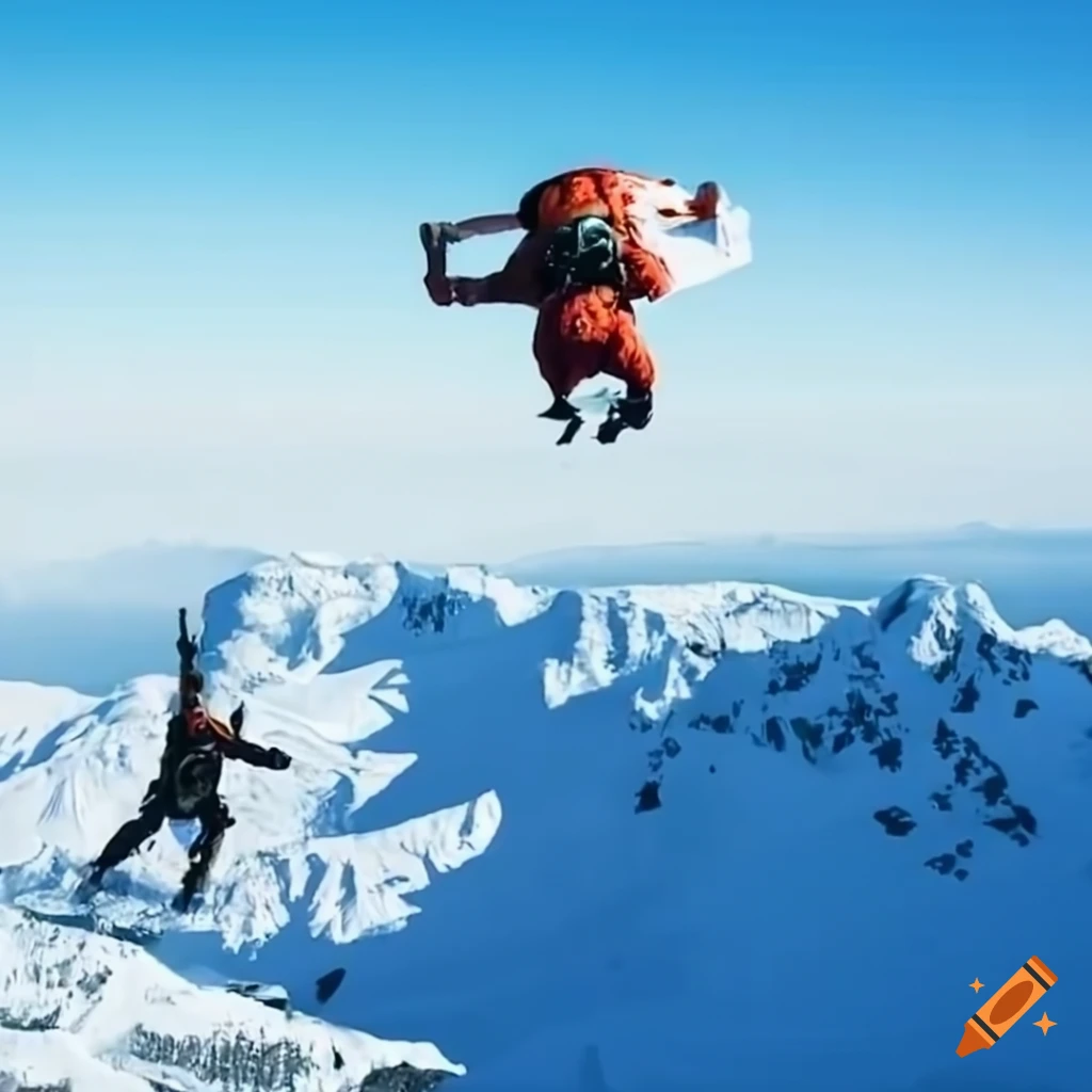Human skydiving off a snowy mountain with a pineapple