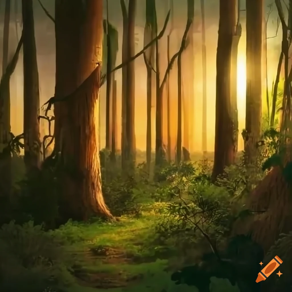 Forest and jungle at sunset with a mini miami in a tree