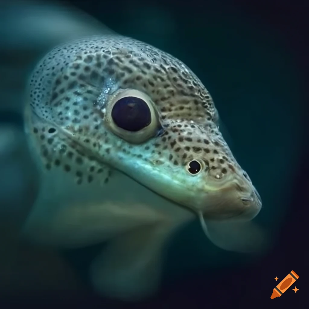 A whimsical aquatic greyish hybrid creature inspired by both mice and carp, with scaly body, fin ...