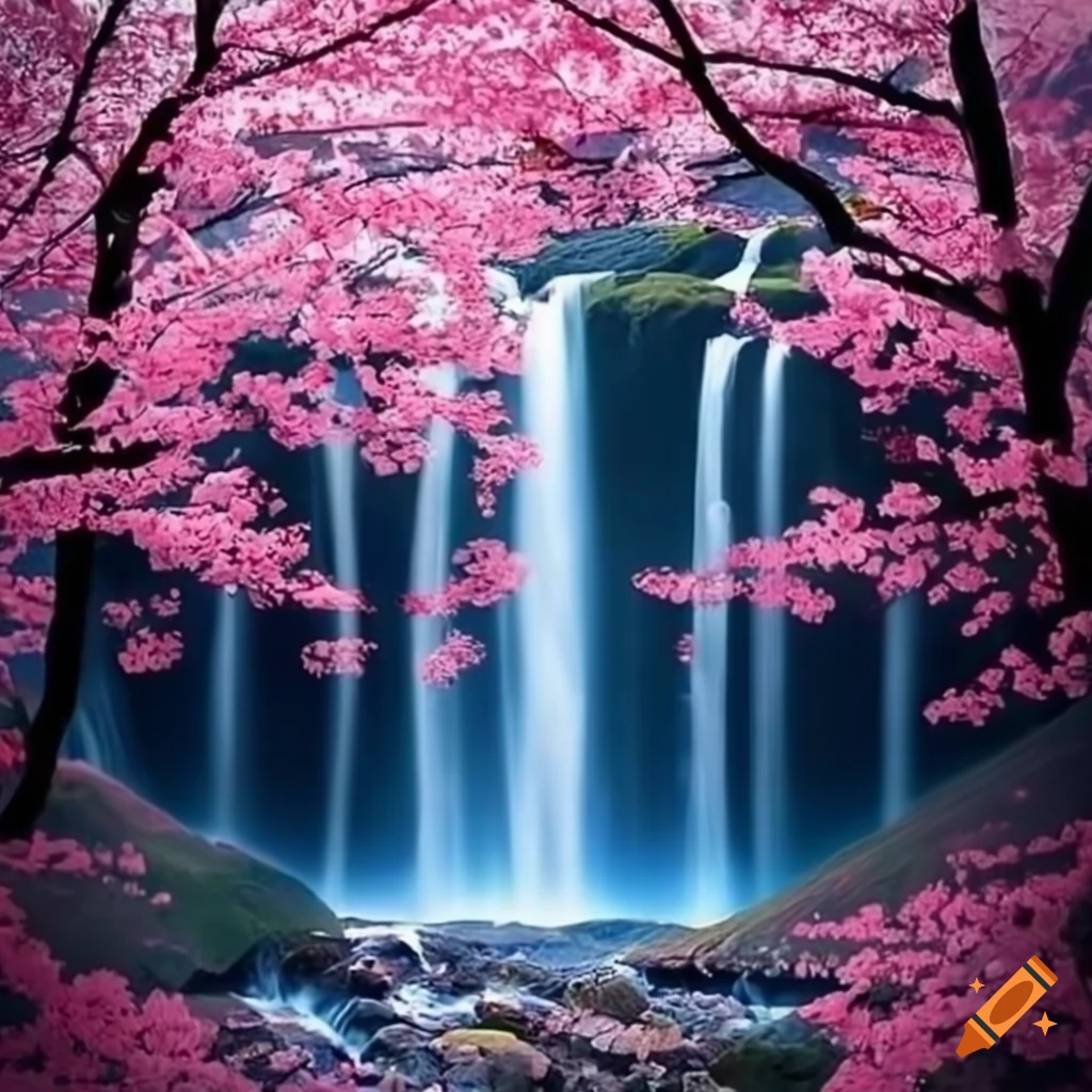 Surreal nature art, mount fuji, waterfall, cherry blossom trees on Craiyon