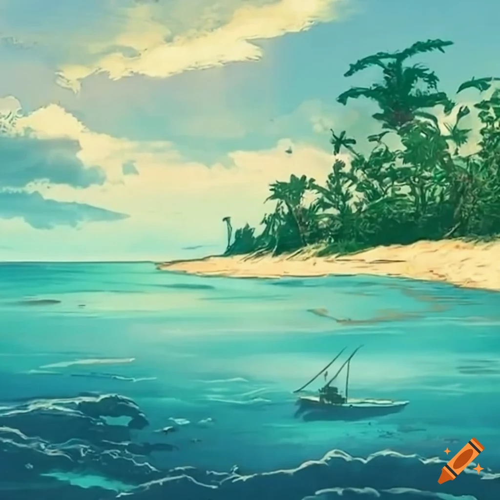 Mysterious shore with sandy beach, palm trees and a huge medieval sail ship