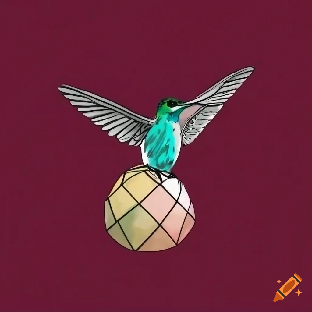 Geometric hummingbird perched on a minimalist line drawing of a dome