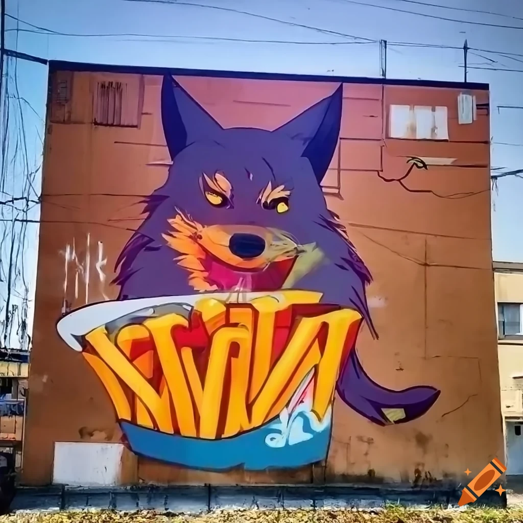 Urban art, street art, graffiti of a wolf and french fries on Craiyon