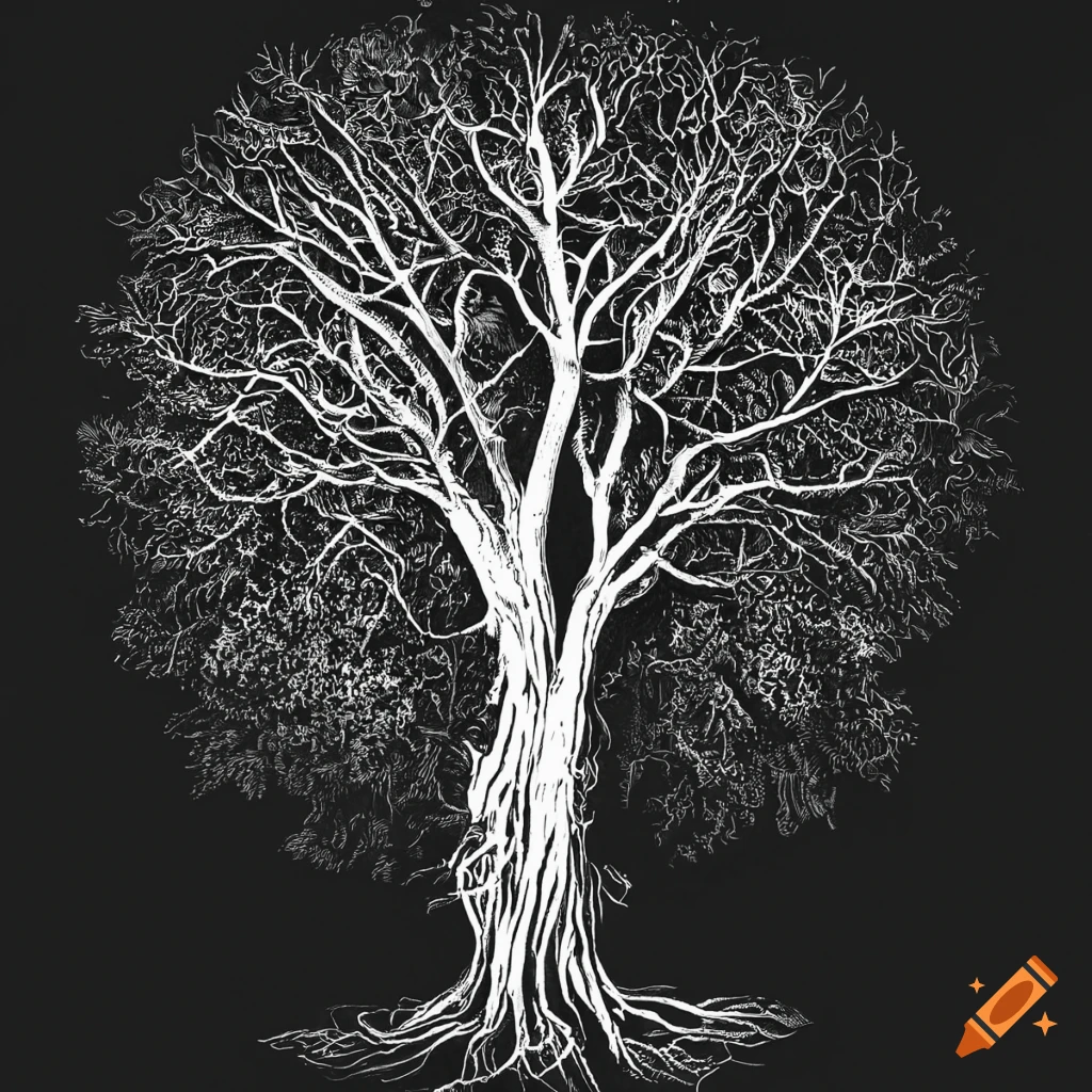 Detailed monochrome illustration of a tree with anatomical arms for ...