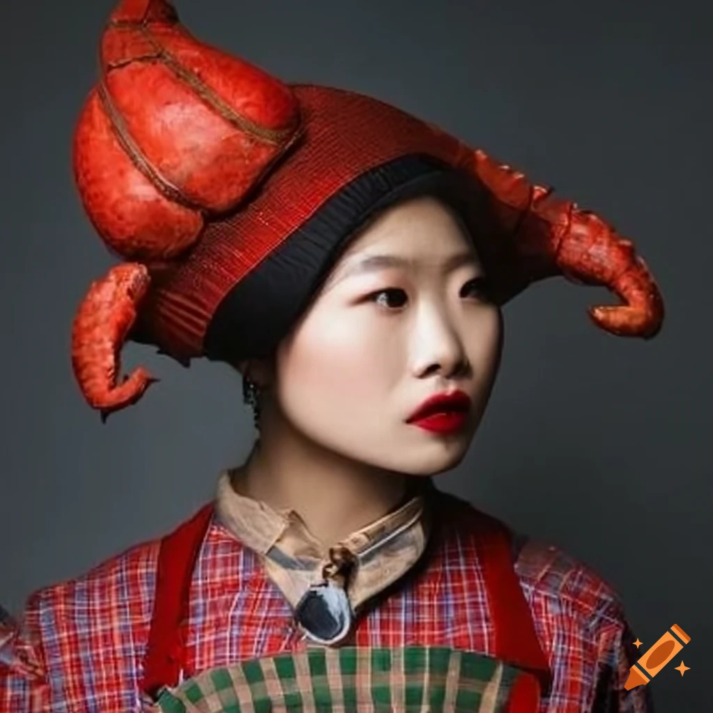 Victorian chinese woman wearing plaid apron, with giant lobster hat