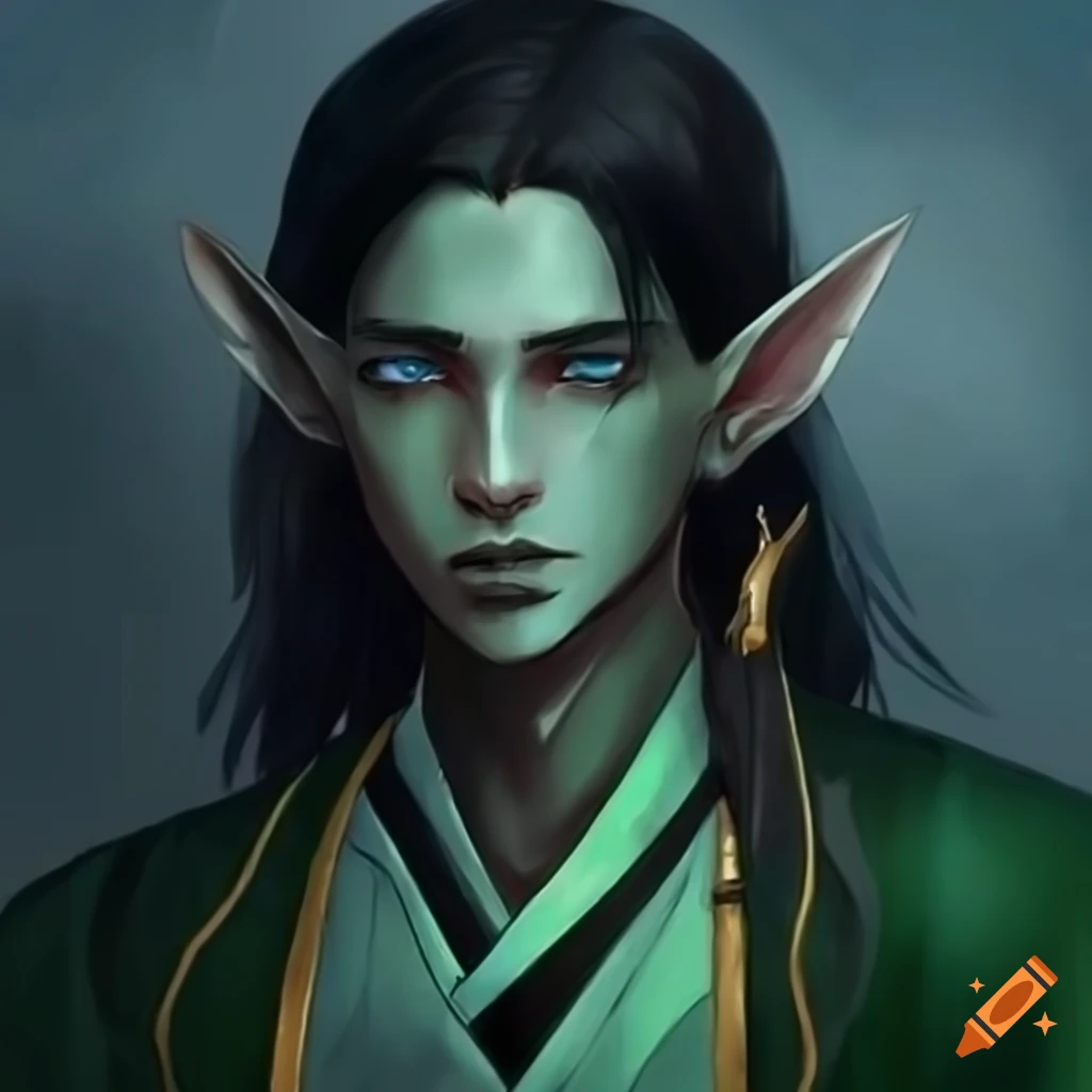Dark skin elf man, black hair, blue eyes, green scholar clothes on Craiyon