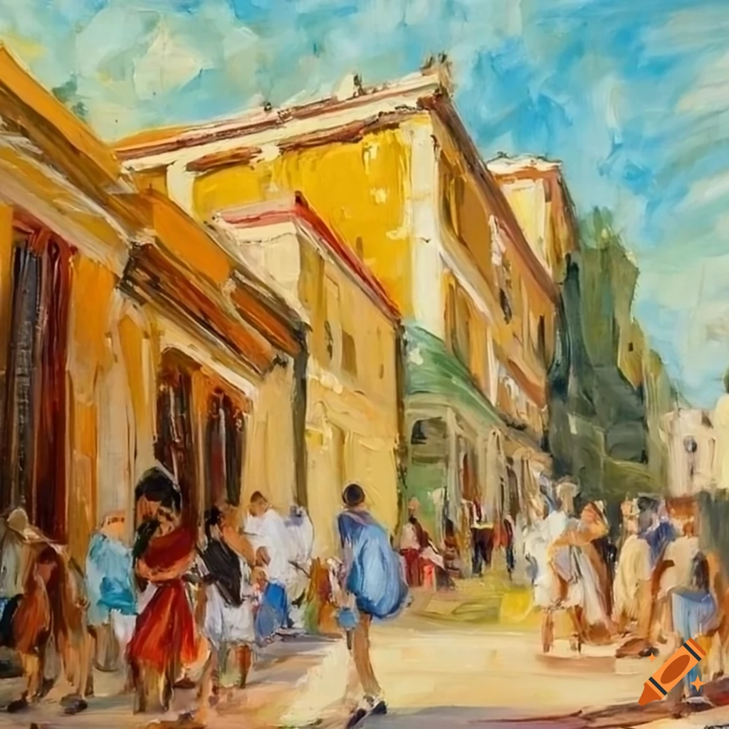 An clean oil painting of the greek city athens with people walking ...