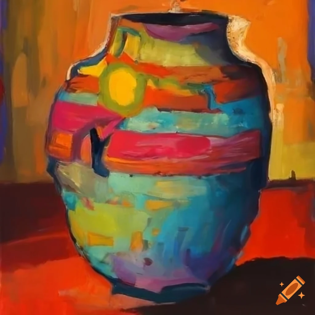 Ancient pots from Arkaim on table, fauvism painting on Craiyon