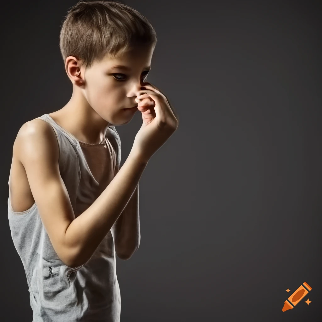 Skinny distressed boy in jail. standing, side view on Craiyon