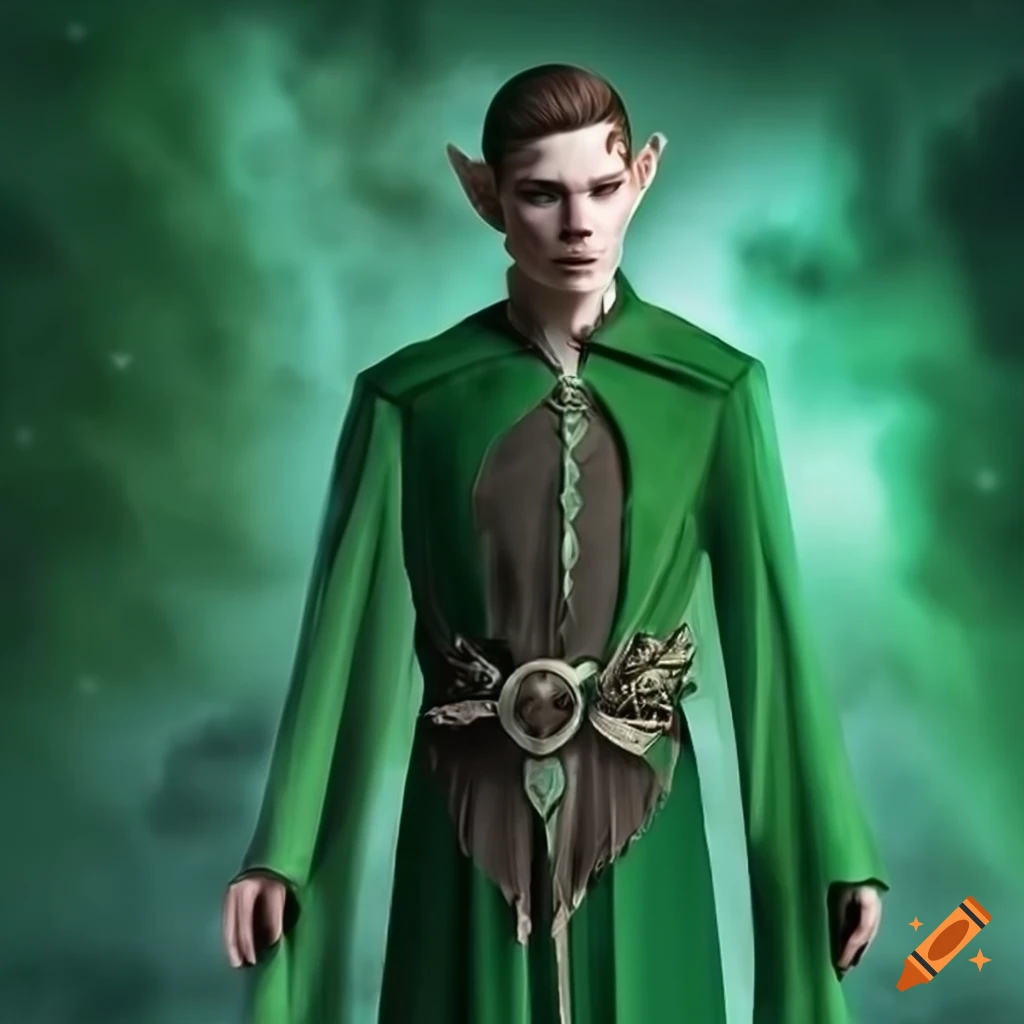 An elegant male elf in a green cape surrounded by mystical green flames ...