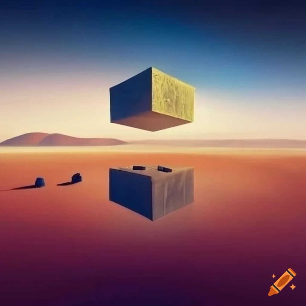 Surreal desert landscape with floating cube structures by dali