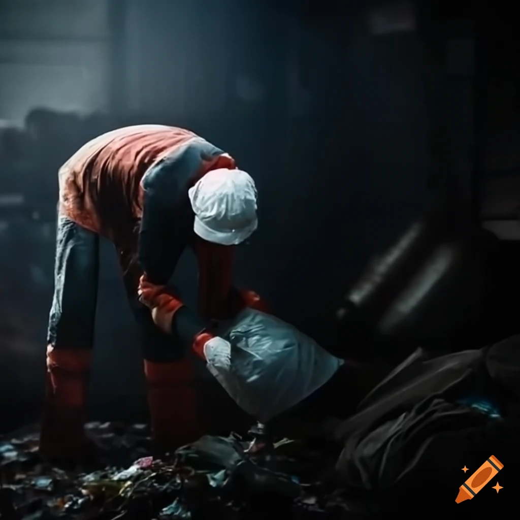 Workers collecting garbage in an industrial area