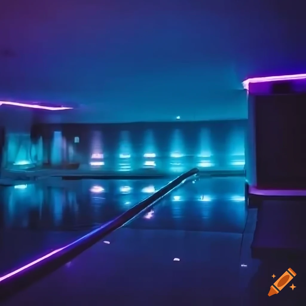 Real life, liminal space, a pool space, and a tiled floor with dim neon lighting high quality ...