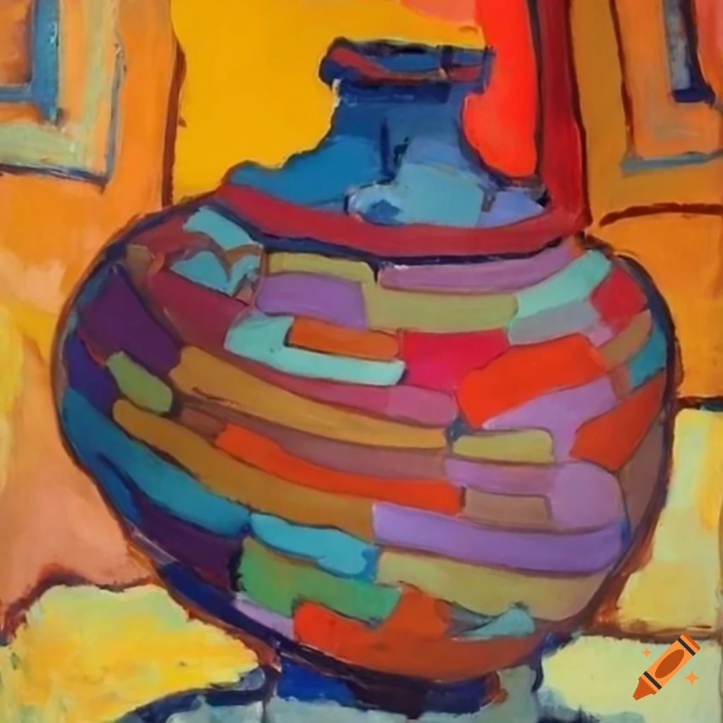Ancient pots from arkaim on table, fauvism painting on Craiyon