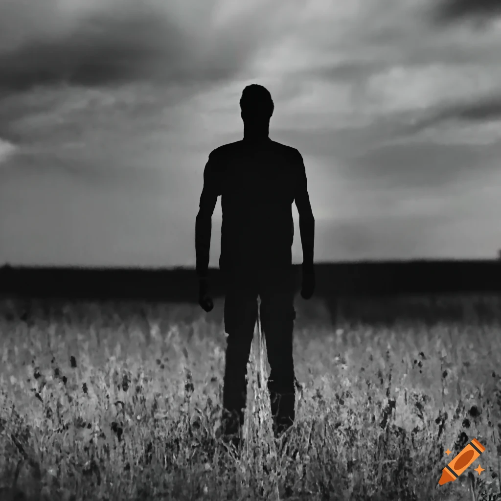 Tall frail black silhouette of a human standing in a meadow, unsettling ...