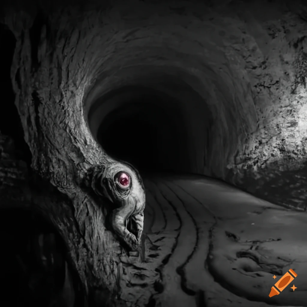 A monstrous creature in a dark and terrifying tunnel underworld