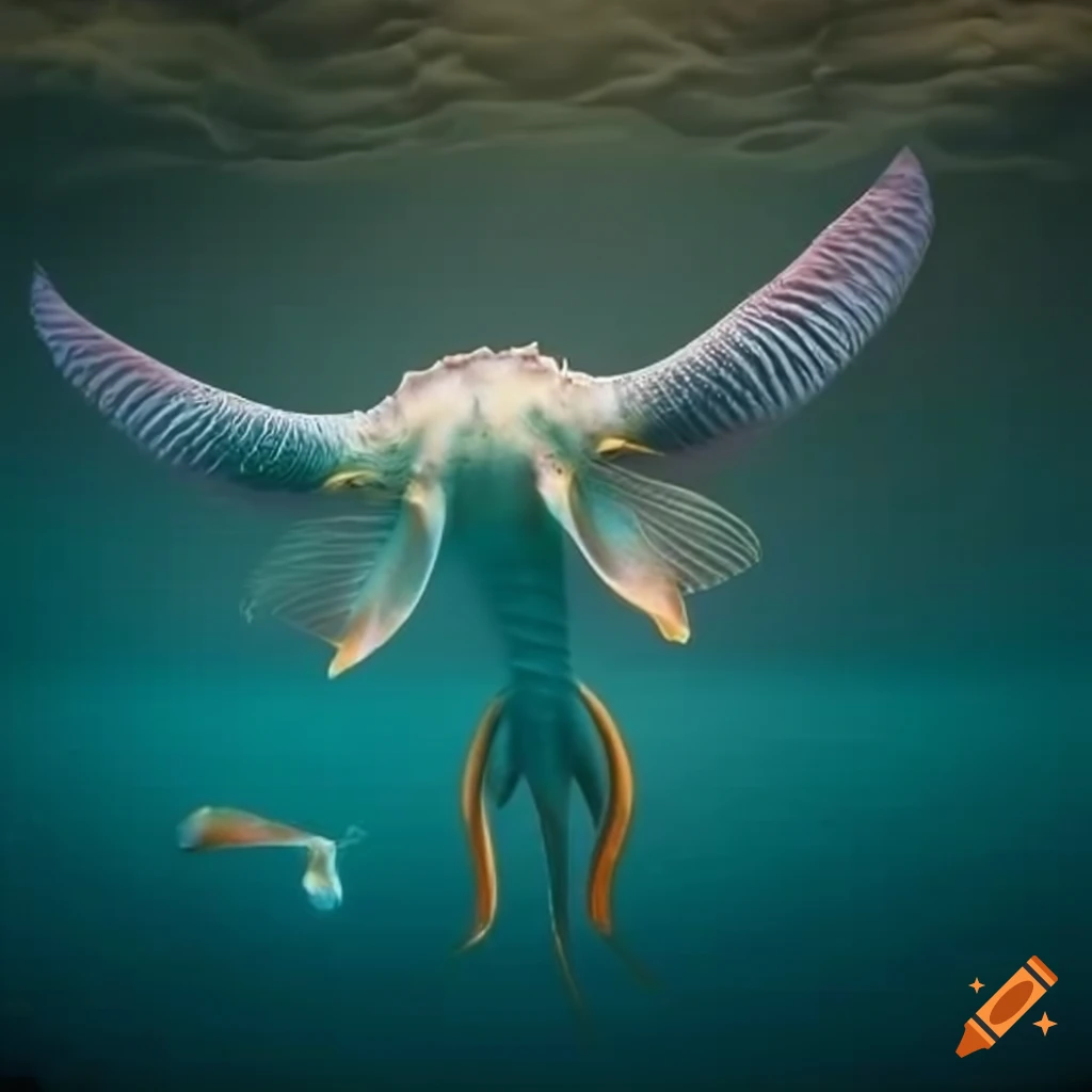A whimsical small aquatic hybrid creature with a mixture of features of both elephants and carps ...