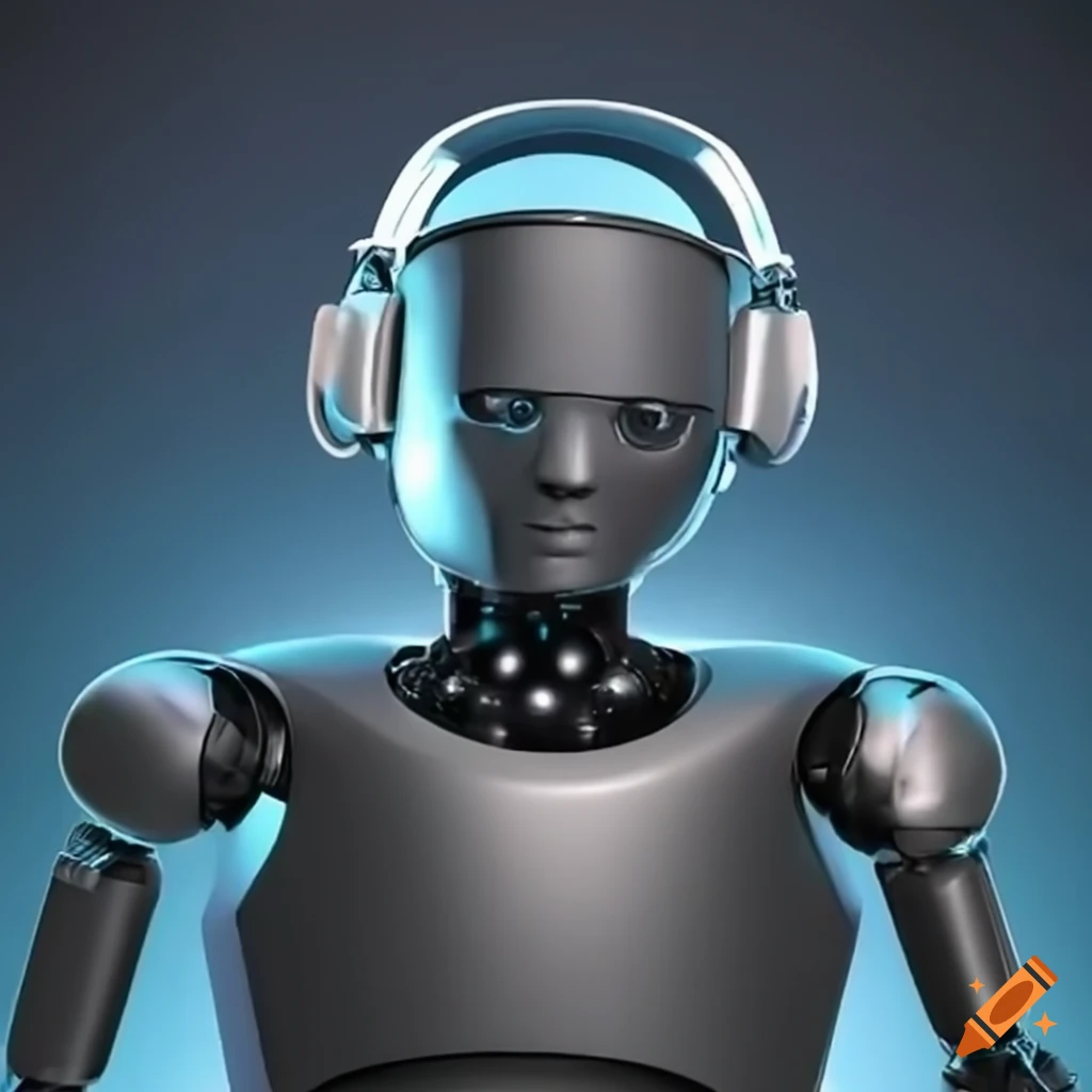 Friendly 3d robot listening to music