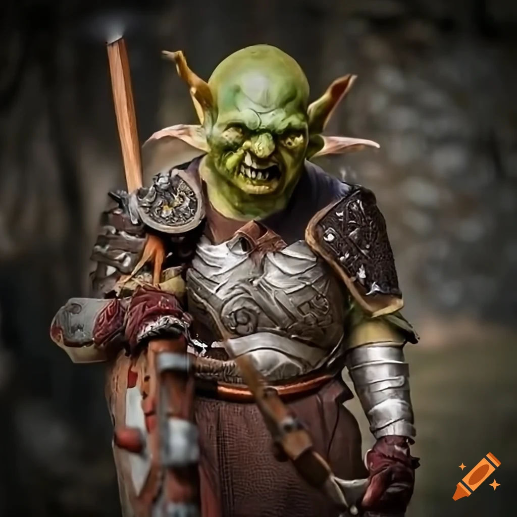 A fearsome goblin warrior in armor brandishing a menacing axe and shield