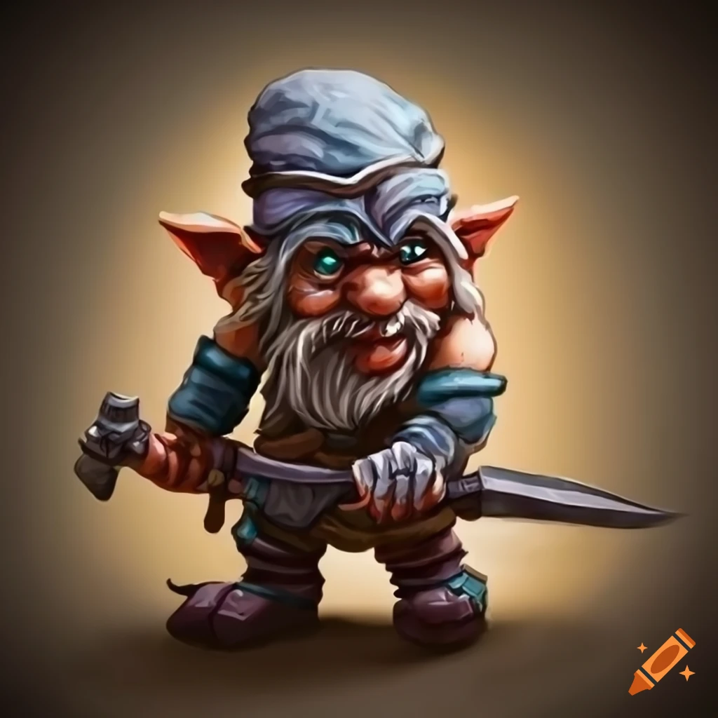 Rock gnome rogue sharpening his shortsword on Craiyon