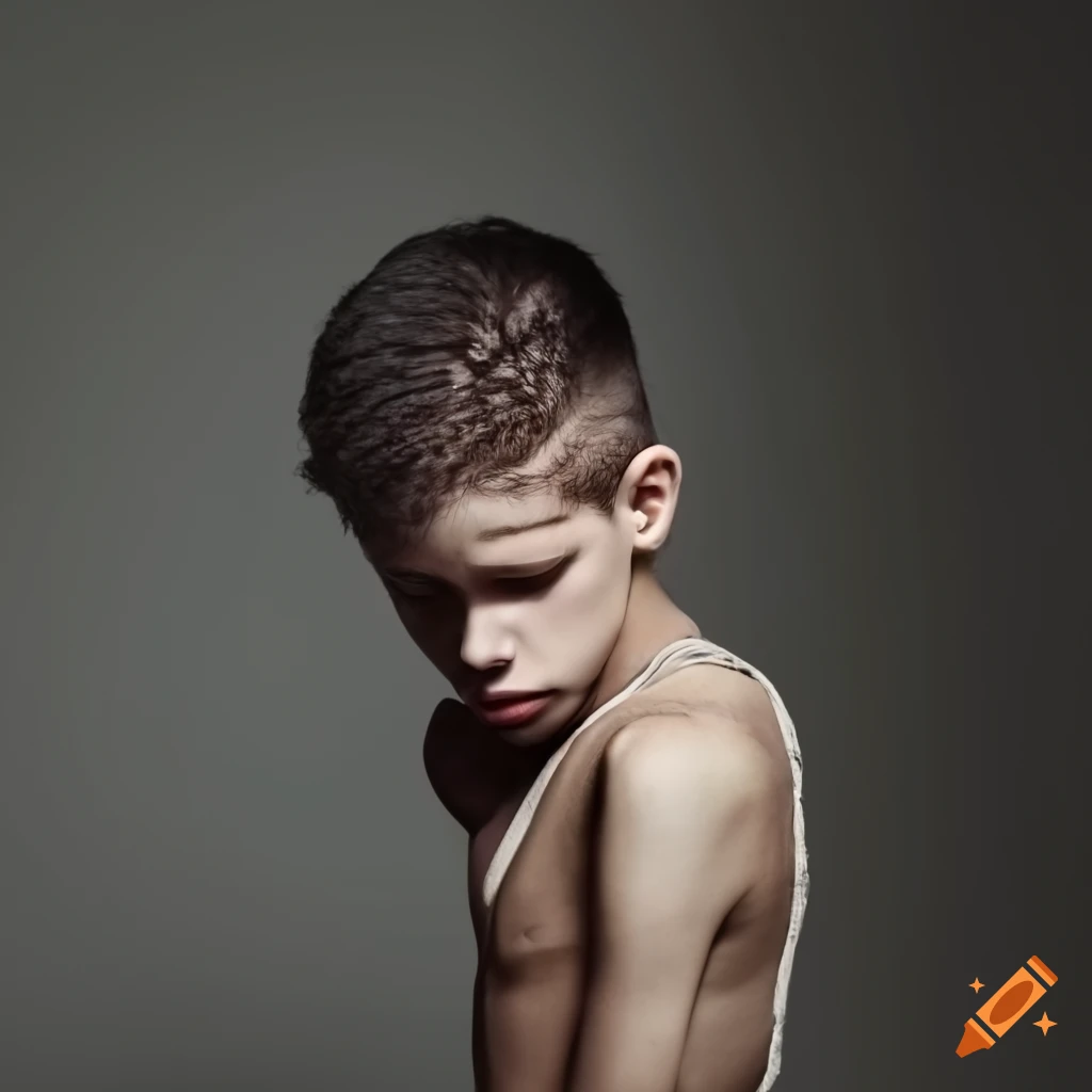 Skinny distressed boy in jail. side view