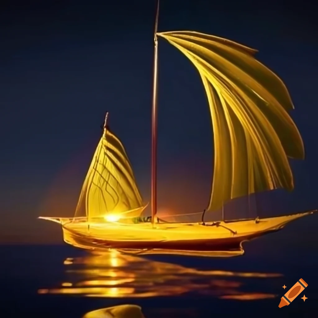 Golden glowing butterfly sailboat in the sky