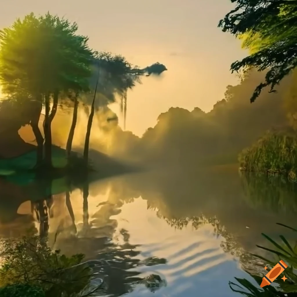 Serene river flowing through a lush floodplain at sunrise on Craiyon