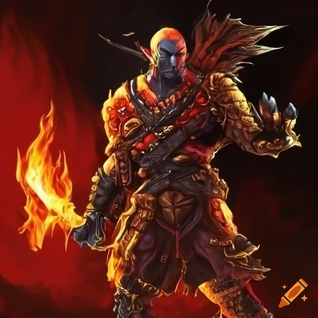 A fierce fire genasi warrior with striking black and red features on ...