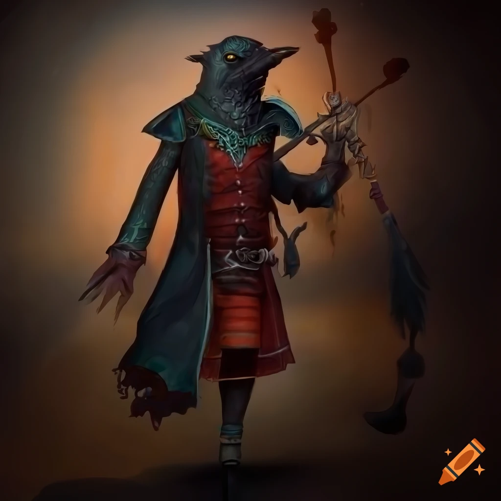 Anthropomorphic crow, bipedal, wearing fantasy clothing, bard, bagpipe ...