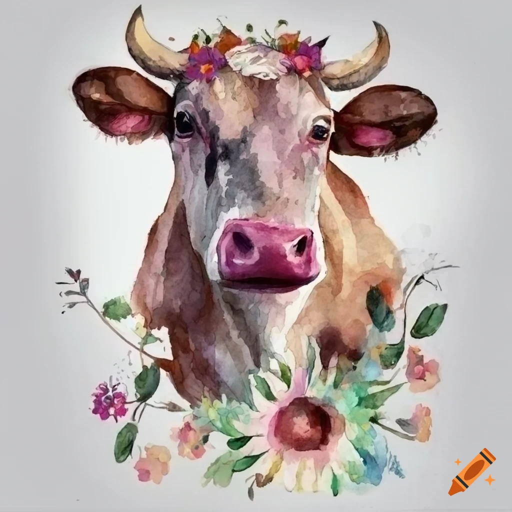 Watercolor cow portrait with flower wreath on white background