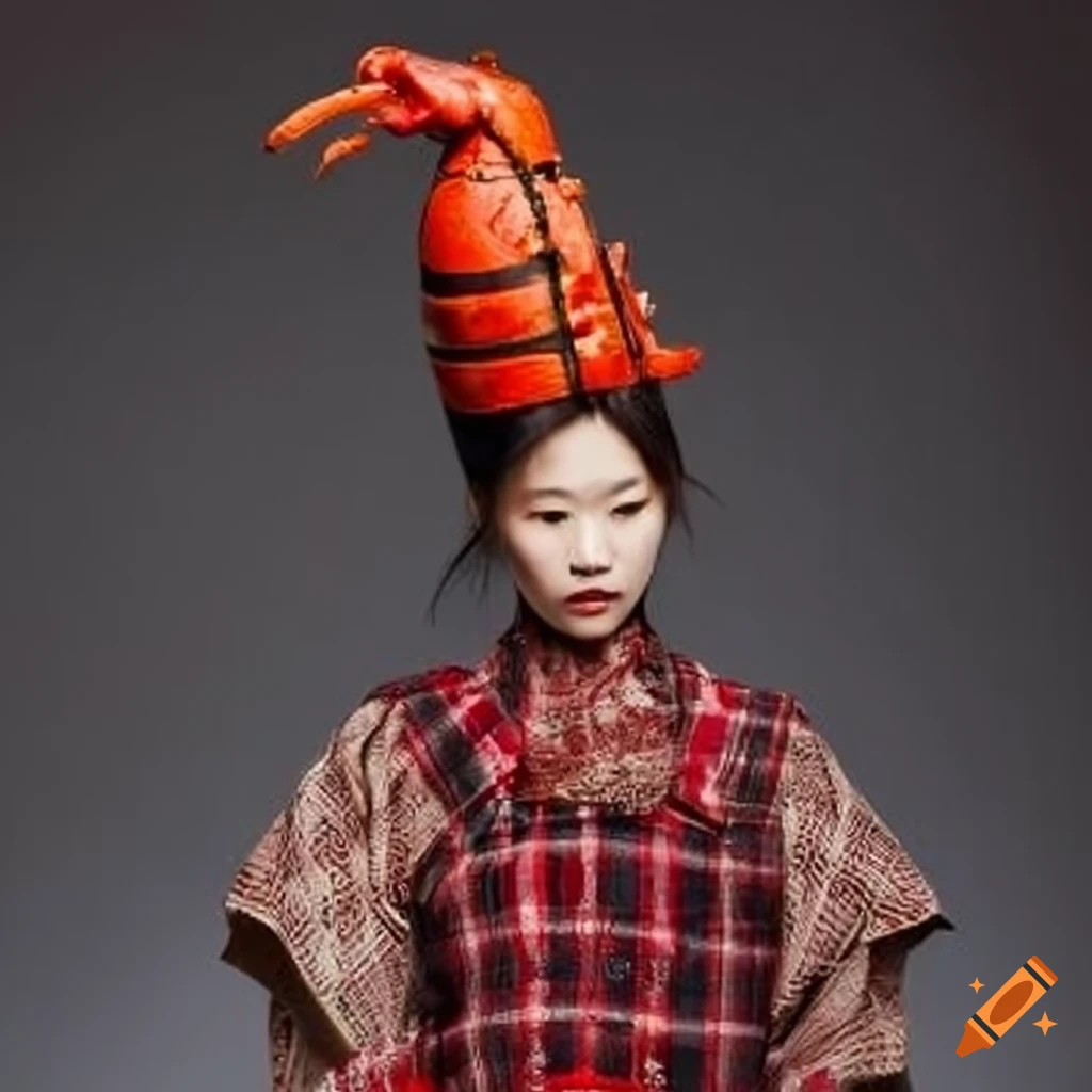 Victorian chinese woman wearing plaid apron, with giant lobster hat on ...