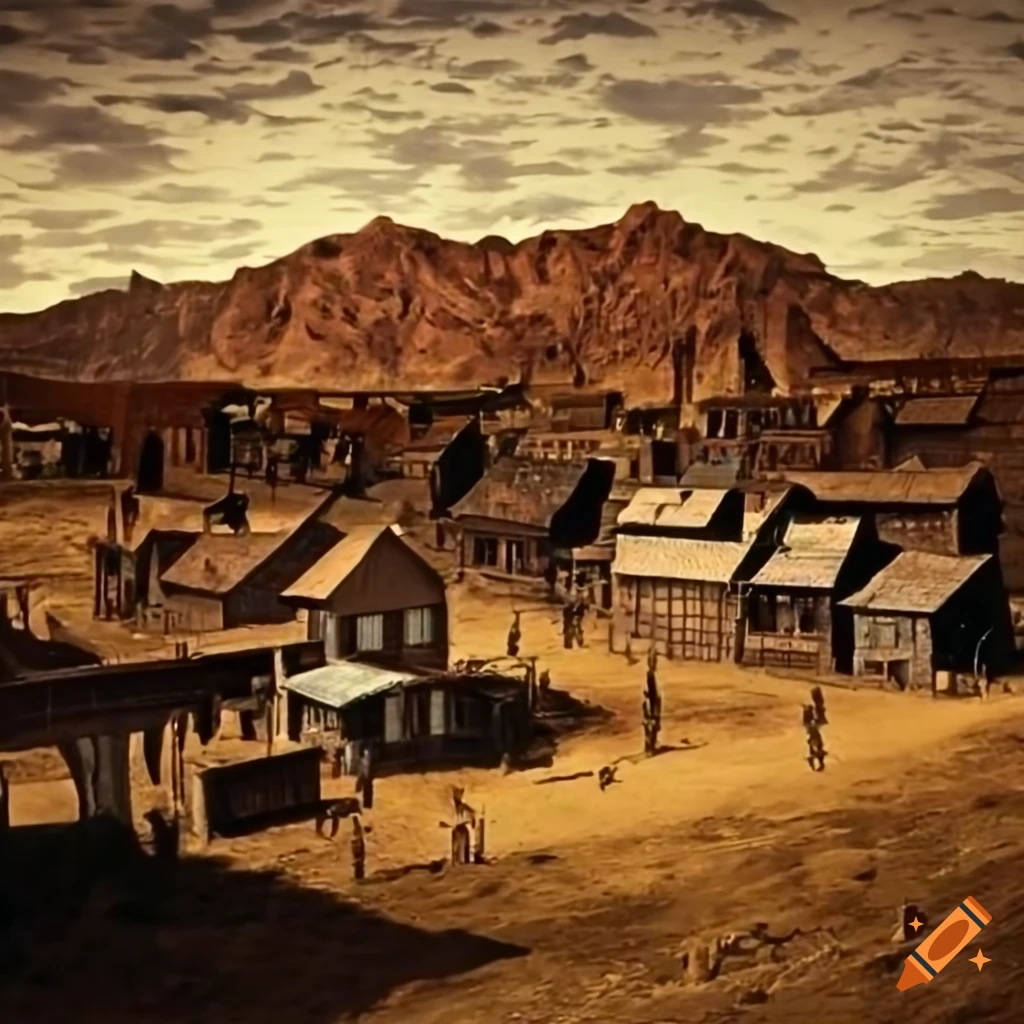 Western town in 1888, wide angle perspective