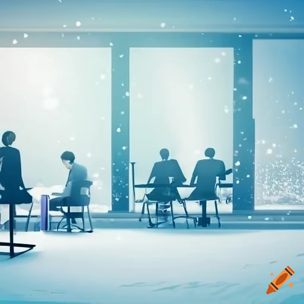 Business meeting in a room where snow is shown in the window