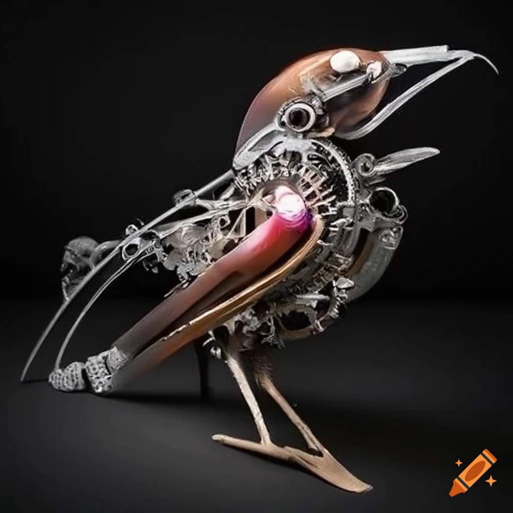 An exquisite, vibrant mechanical bird like a cyborg